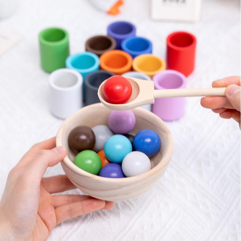 Rainbow Balls in Cups Toddler Montessori Toys, Kids Preschool Wooden M ...