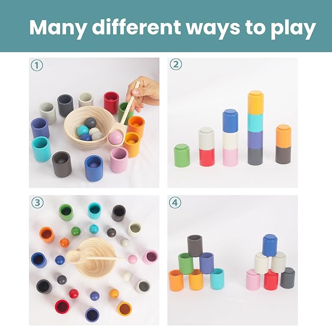 Rainbow Balls in Cups Toddler Montessori Toys, Kids Preschool Wooden M ...